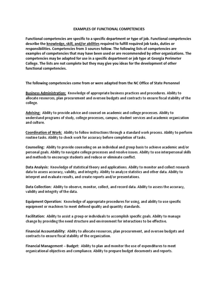 Examples of Functional Competencies 212 | Competence (Human Resources ...