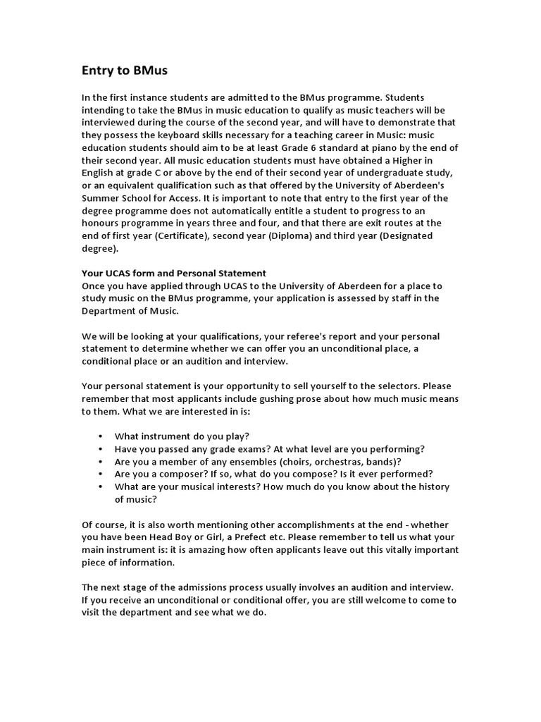 Entry To Bmus: Your Ucas Form and Personal Statement | PDF | Music ...