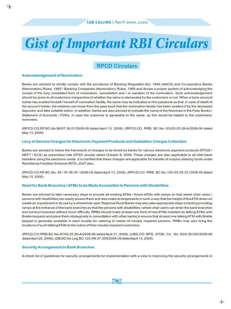 Gist of Important RBI Circulars | PDF | Automated Teller Machine | Banks