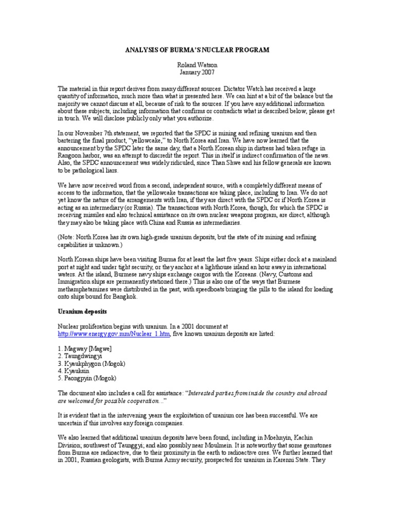 Analysis of Burma's Nuclear Program | PDF | North Korea And Weapons Of ...