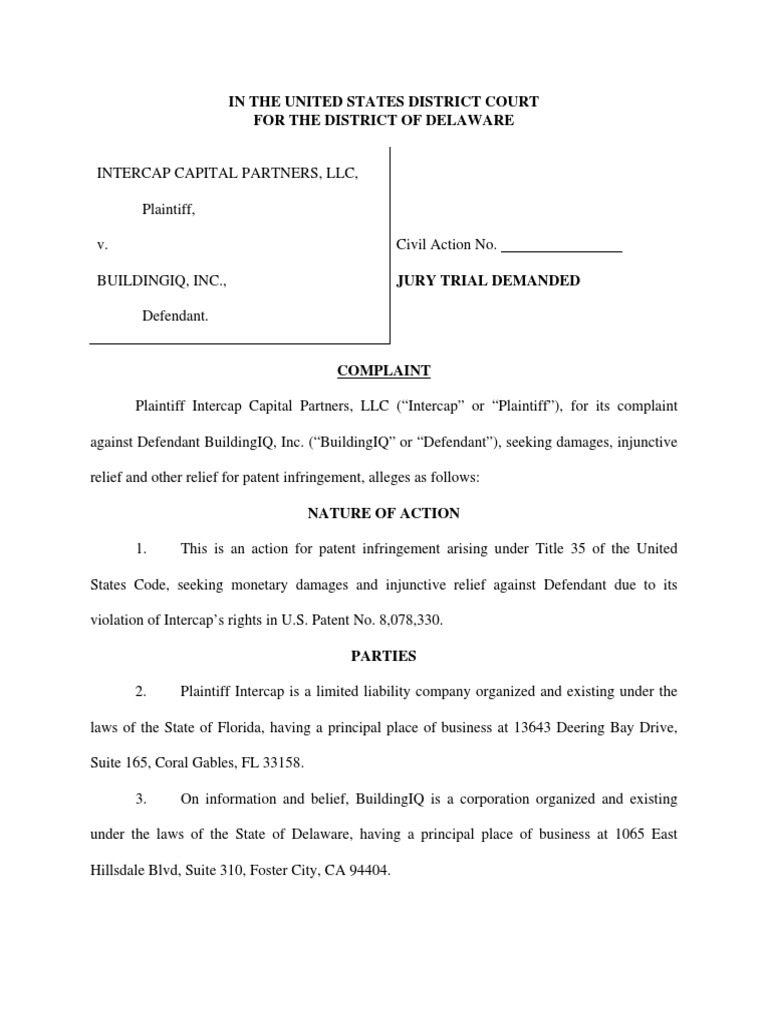 Intercap Capital Partners v. BuildingIQ | PDF | Patent | Lawsuit