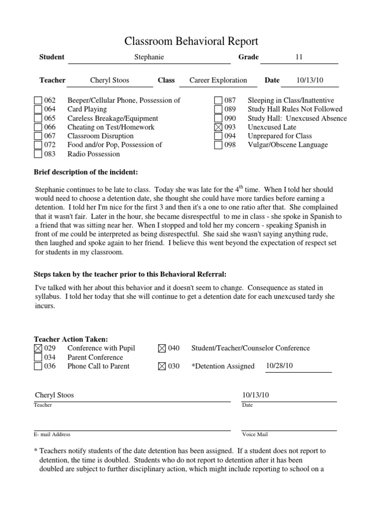 Classroom Behavioral Incident Report | PDF
