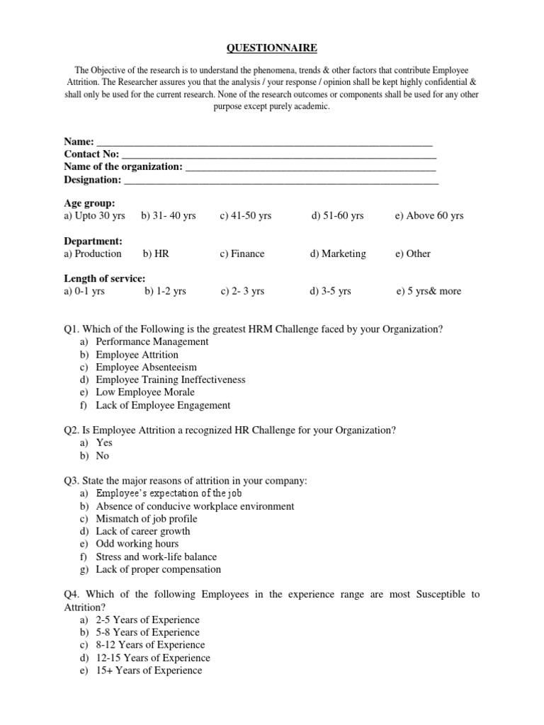 Employee Attrition Analysis Questionnaire | PDF | Human Resource ...