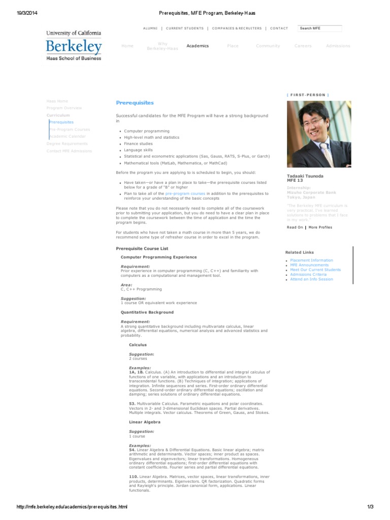 Prerequisites, MFE Program, Berkeley-Haas PDF | PDF | Equations ...