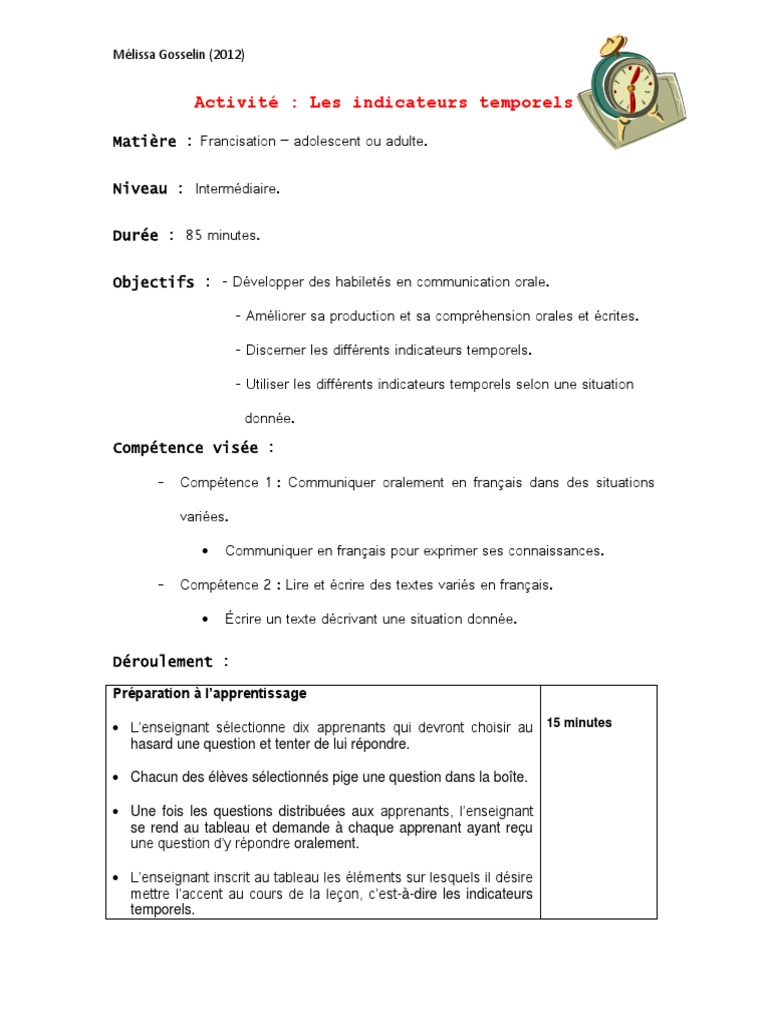 Fiche de Lactivit Les Indicateurs Temporels | PDF | Langue française ...
