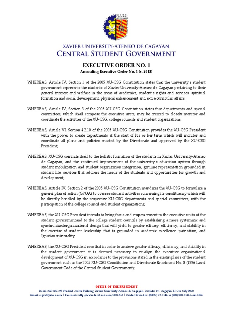 XU-CSG Executive Order 001-1415 | PDF | Students' Union | Constitution