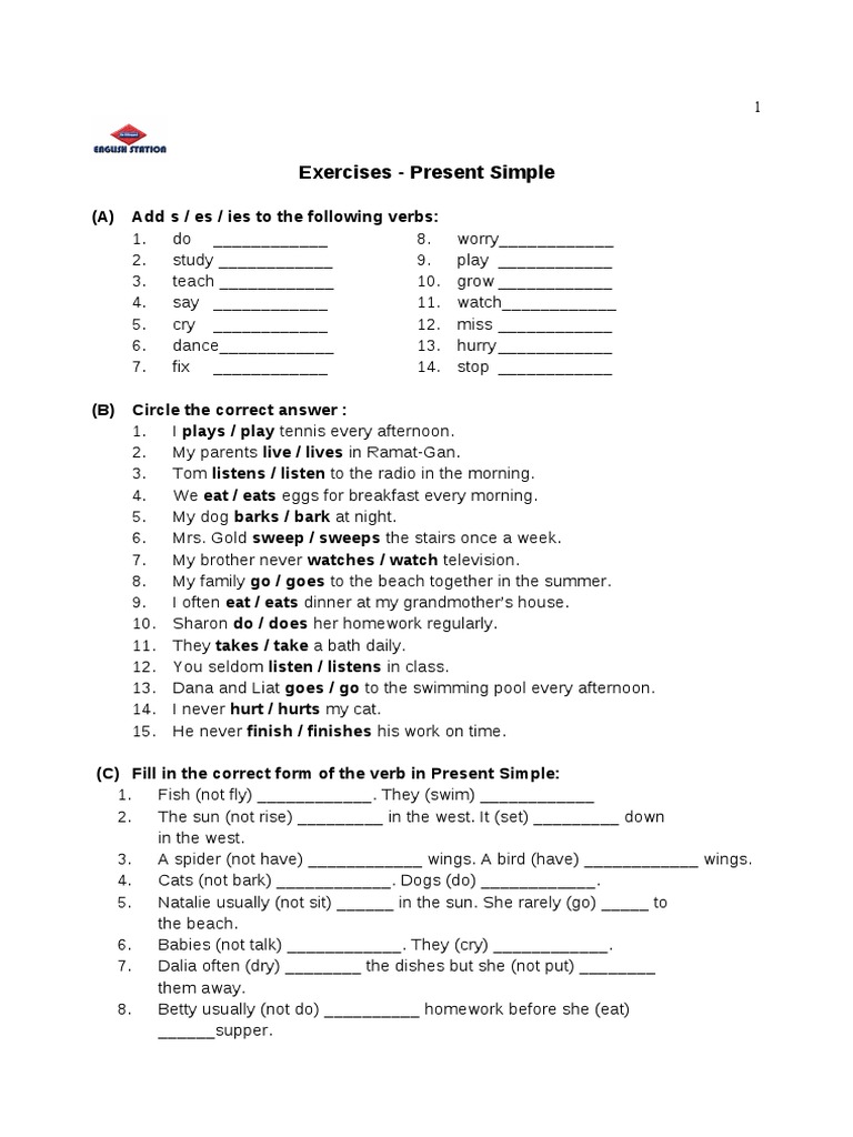 Exercises - Present Simple: (A) Add S / Es / Ies To The Following Verbs ...