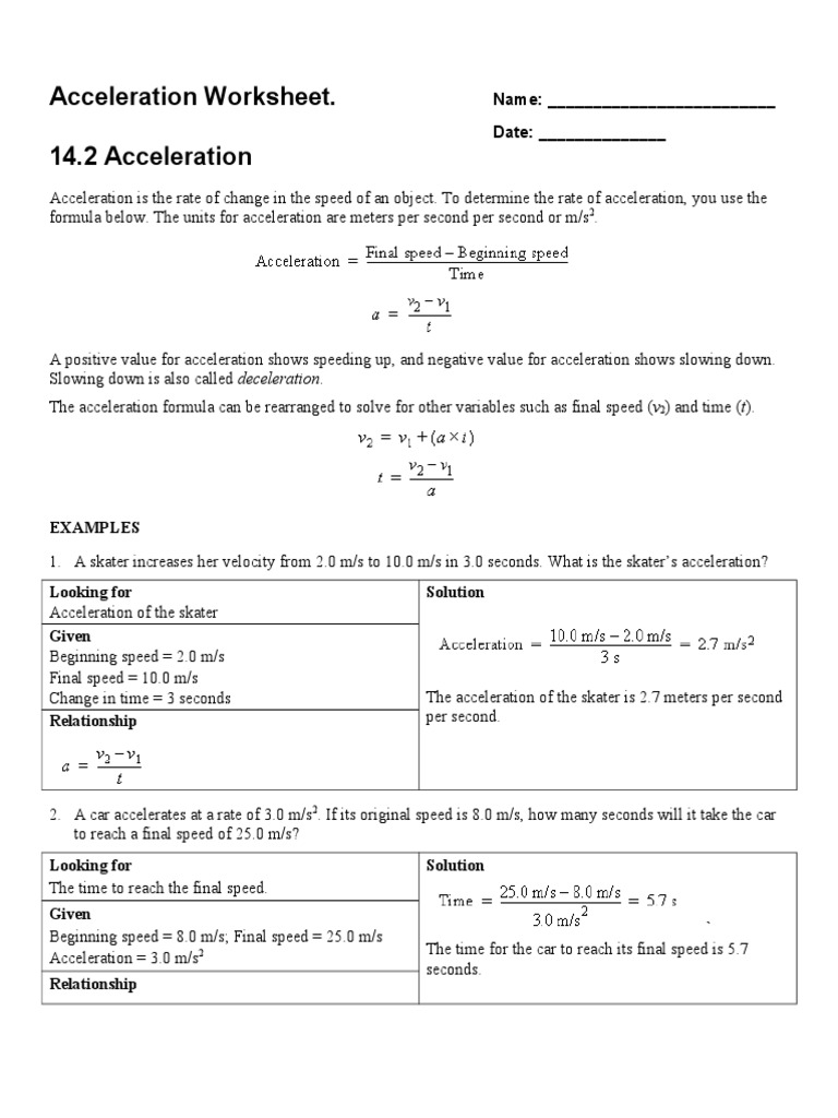 Acceleration Worksheet With Answers Motion In One Dimension Worksheet