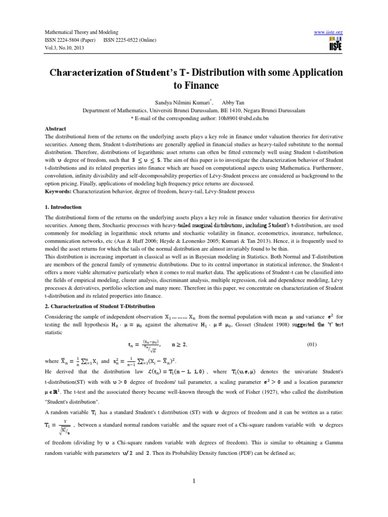 Characterization of Student's T-Distribution and its Applications in ...