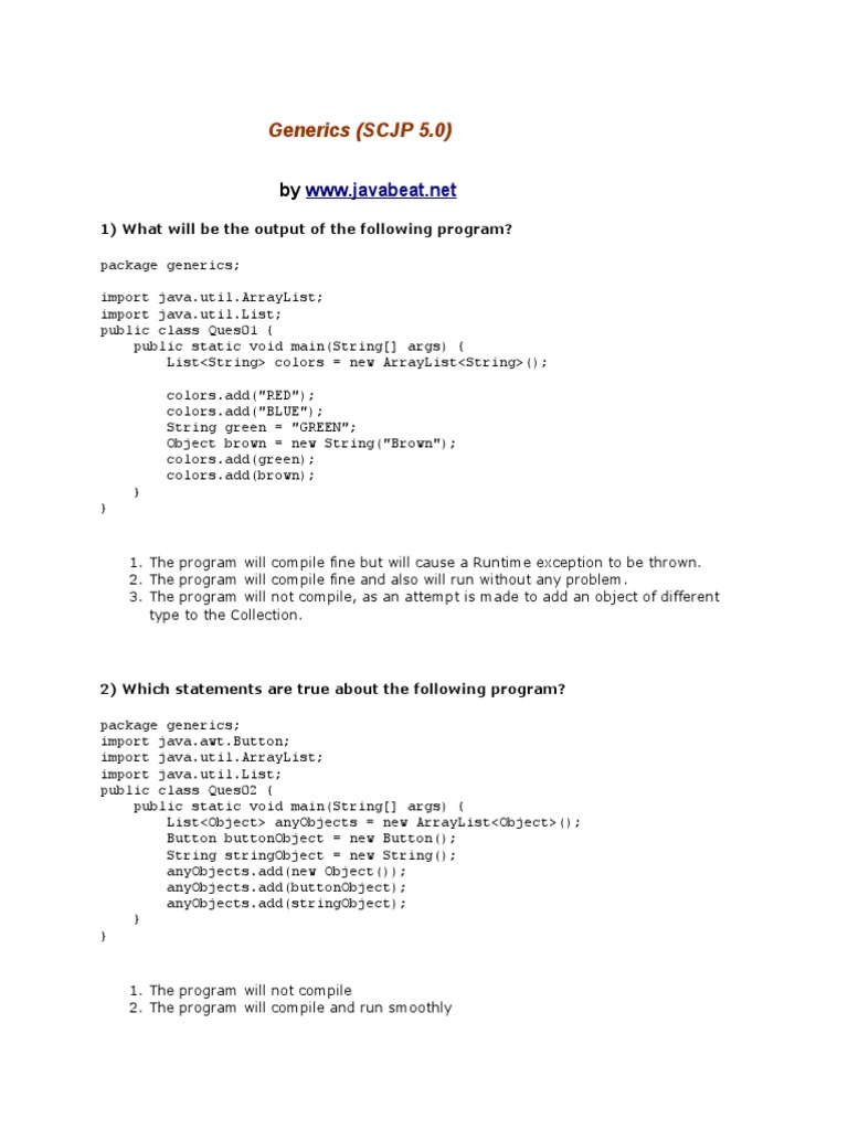 Generics - Questions | PDF | Java (Programming Language) | Object (Computer Science)