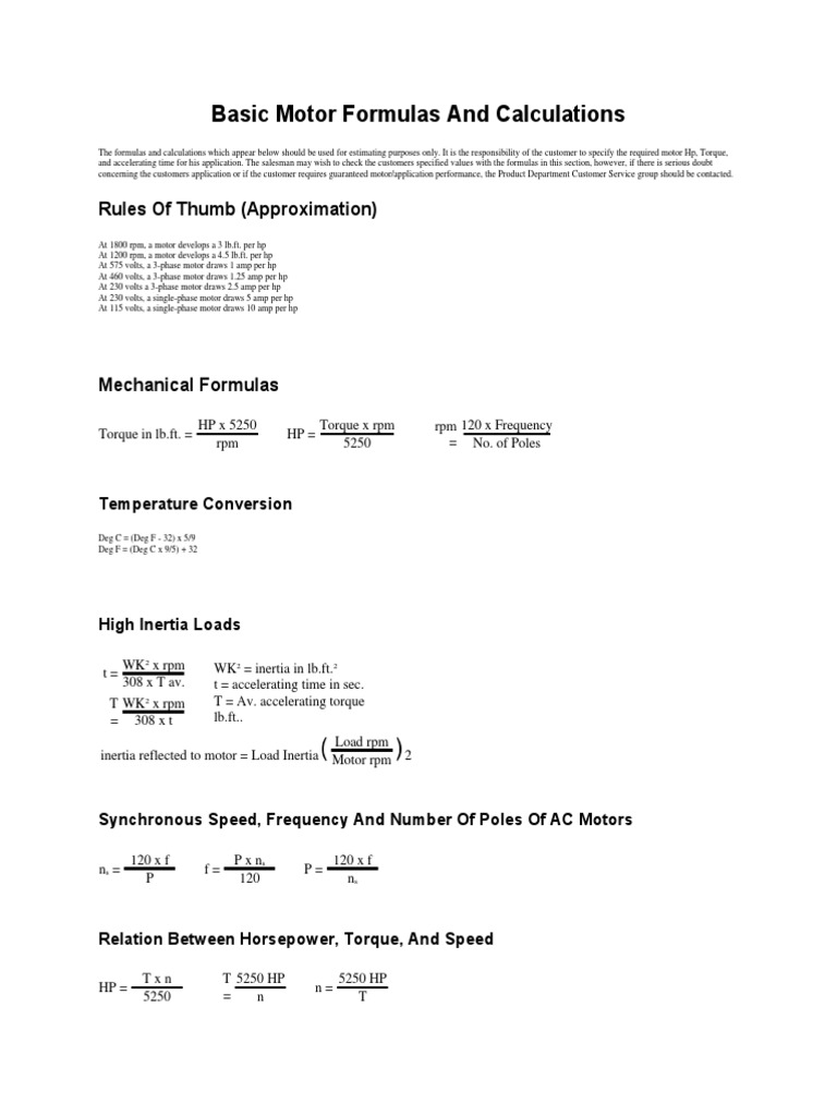 Basic Motor Formulas and Calculations | Horsepower | Engines