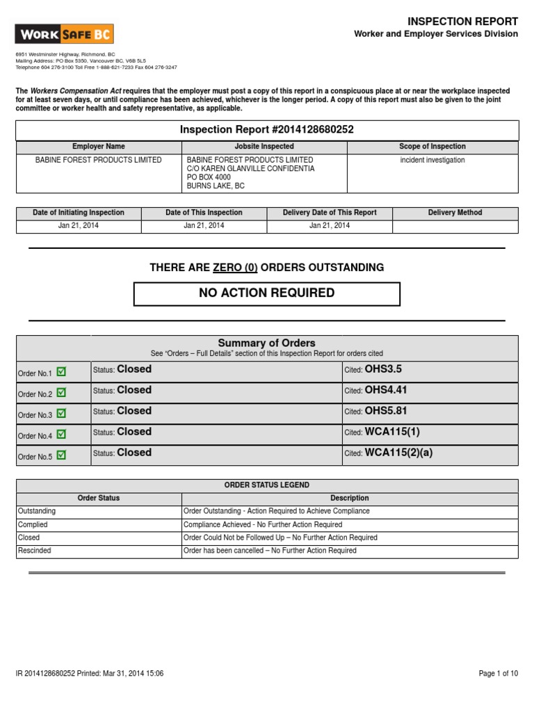 Babine Inspection Report 01/21 | PDF | Explosion | Occupational Safety ...