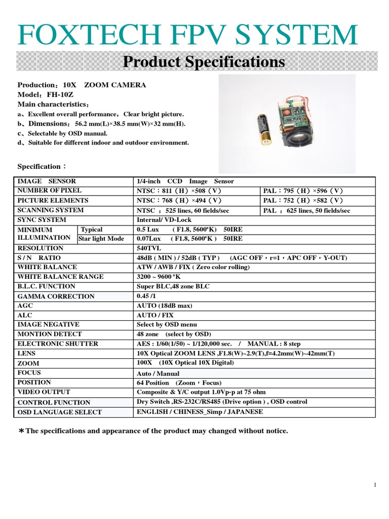 FOXTECH FH-10Z Camera Overview | PDF | Zoom Lens | Video