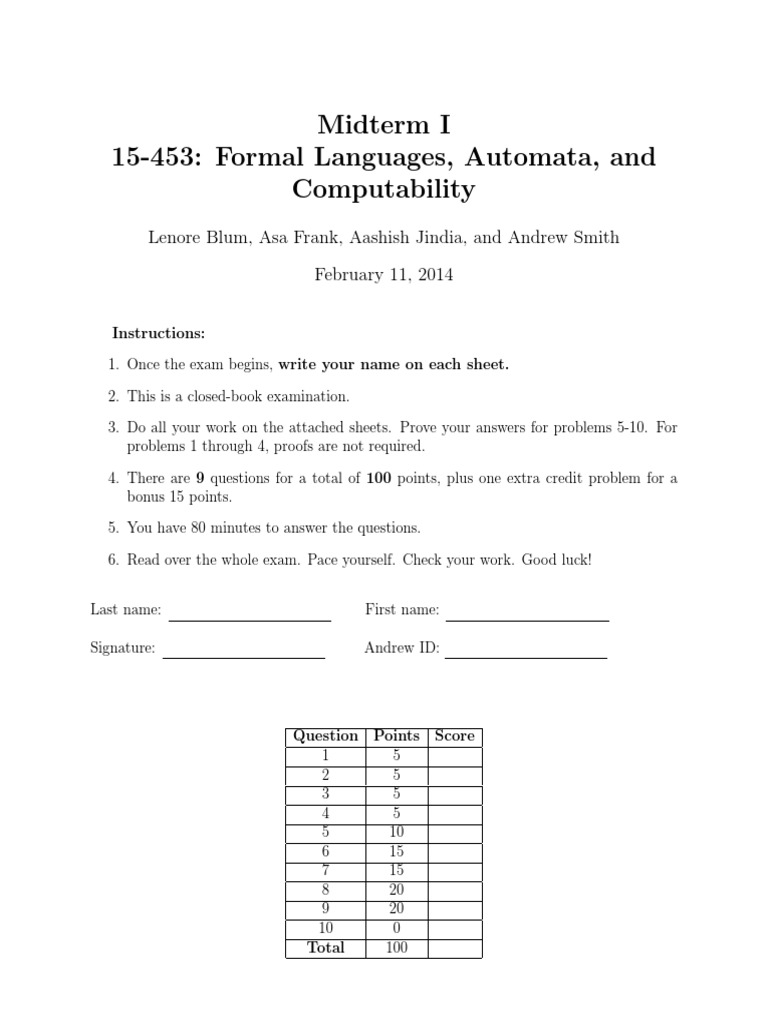 Midterm I 15-453: Formal Languages, Automata, and Computability | PDF | Applied Mathematics ...