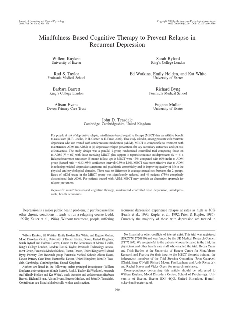 Mindfulness Based Cognitive Therapy To Prevent Relapse In Recurrent