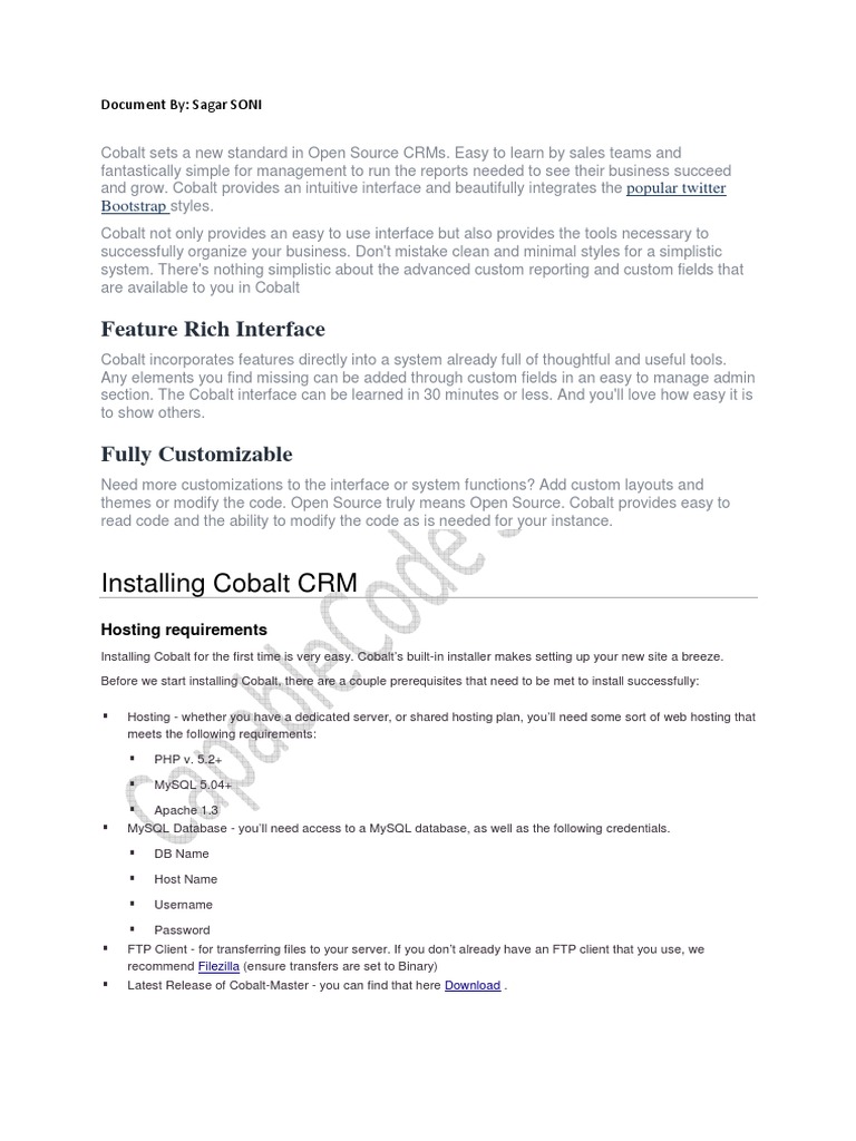 Installing CobaltCRM | PDF | Installation (Computer Programs) | My Sql