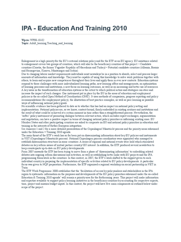 IPA - Education and Training 2010: WPRN: WP08-10-02 Topic: Adult ...
