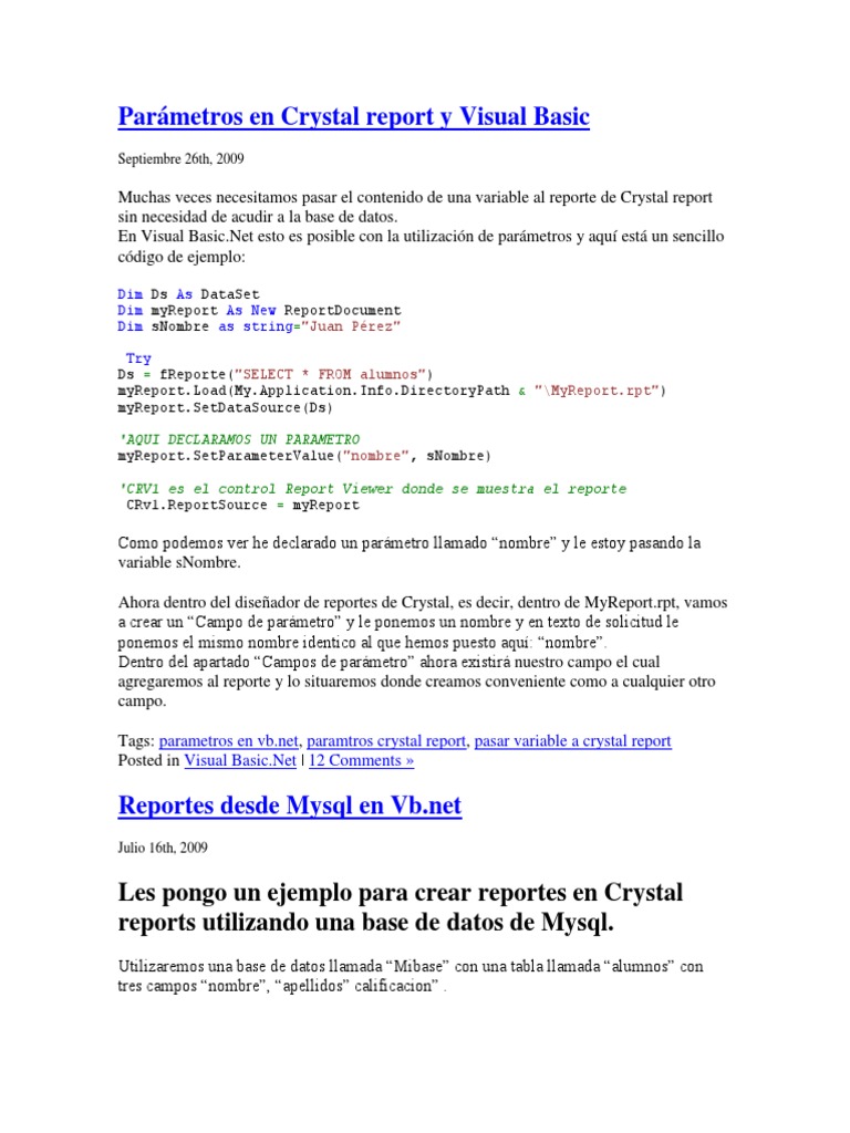 Parámetros en Crystal Report y Visual Basic | PDF | Batería ...