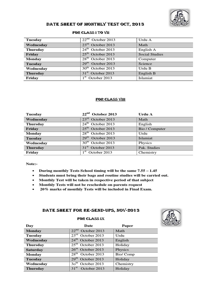 Date Sheet of Monthly Test | PDF | Qualifications | Test (Assessment)