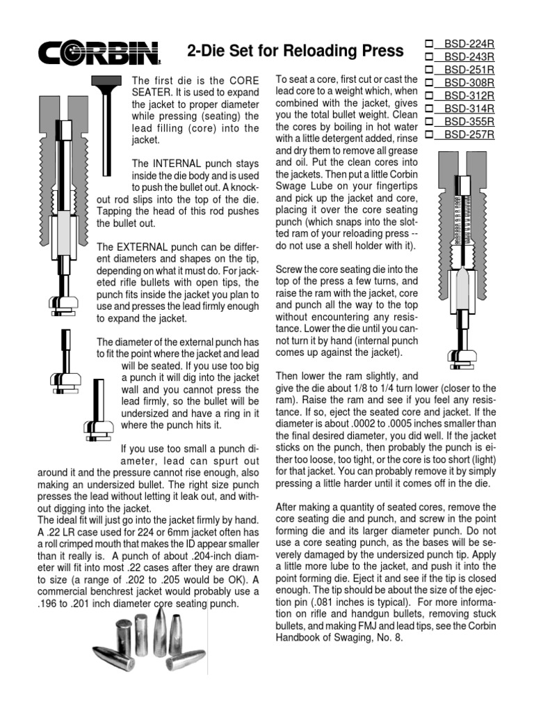 Corbin 2-Die Set For Reloading Press | PDF | Bullet | Ammunition