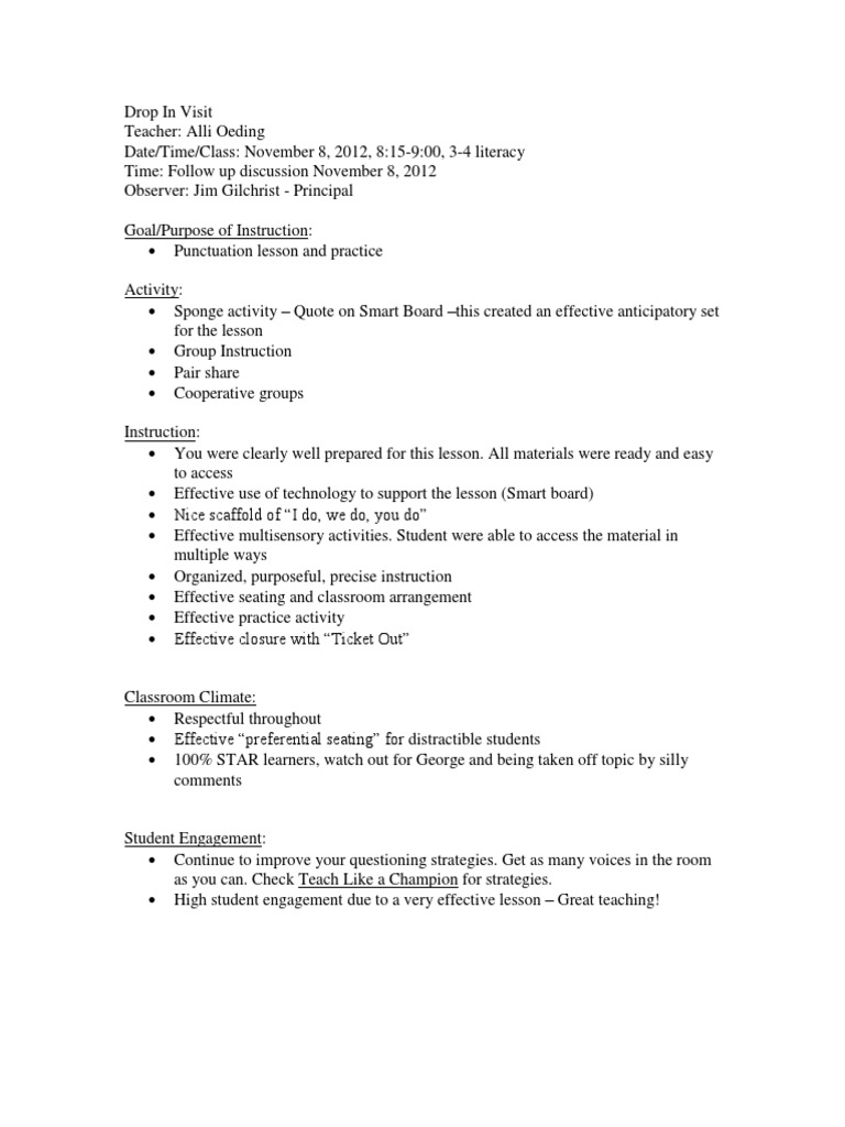 principal observation notes | Learning | Teachers
