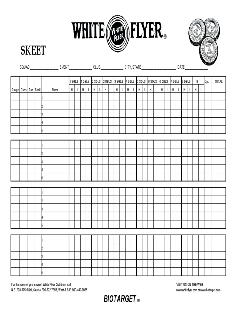 Skeet Shooting Score Sheet Template | PDF