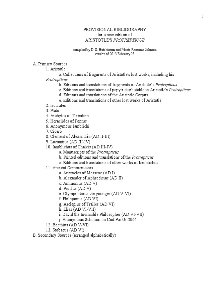 Comprehensive Bibliography for a New Edition of Aristotle's Lost Work ...