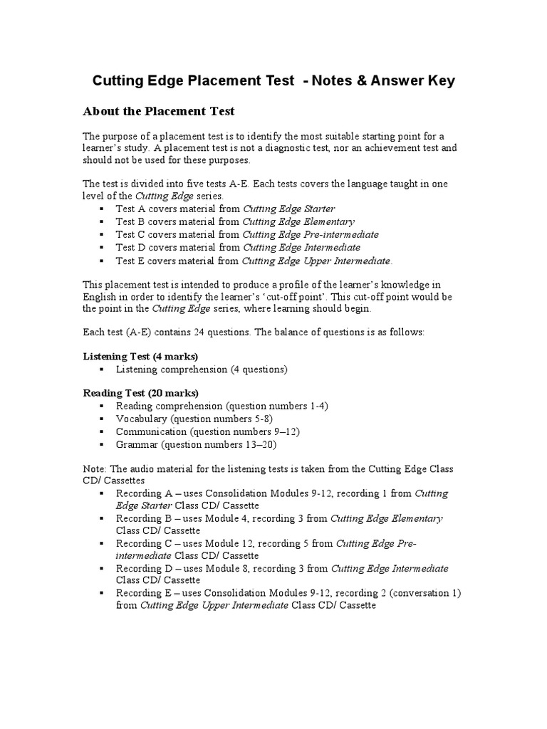 Placement Test Notes and Answer Key | PDF | Multiple Choice | Applied ...