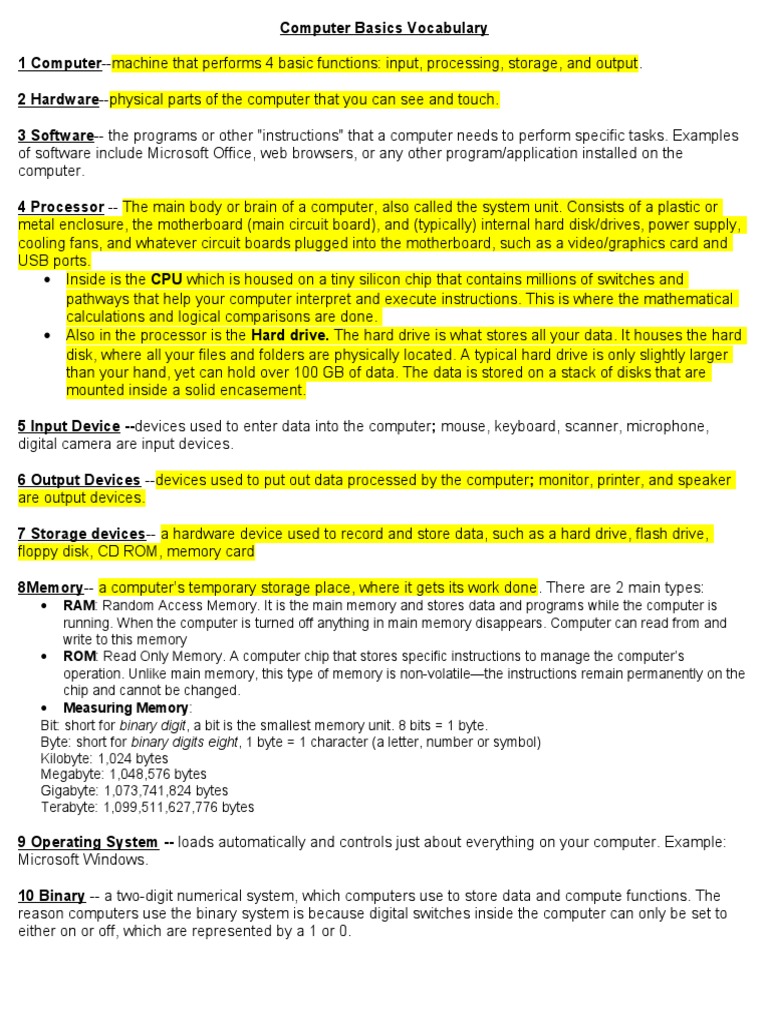 Computer Basics Vocabulary List | PDF | Input/Output | Computer Data ...