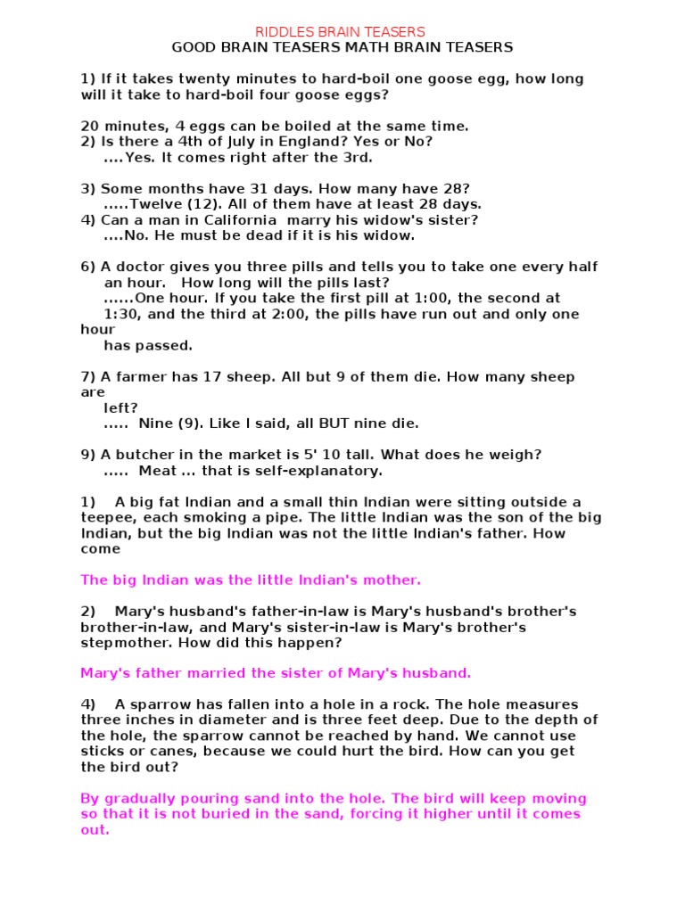 Riddles Brain Teasers Good Brain Teasers Math Brain Teasers 1) | PDF ...