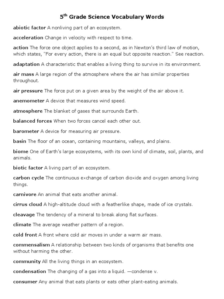 5th Grade Science Vocabulary - For Webpdf | PDF | Atmosphere Of Earth ...