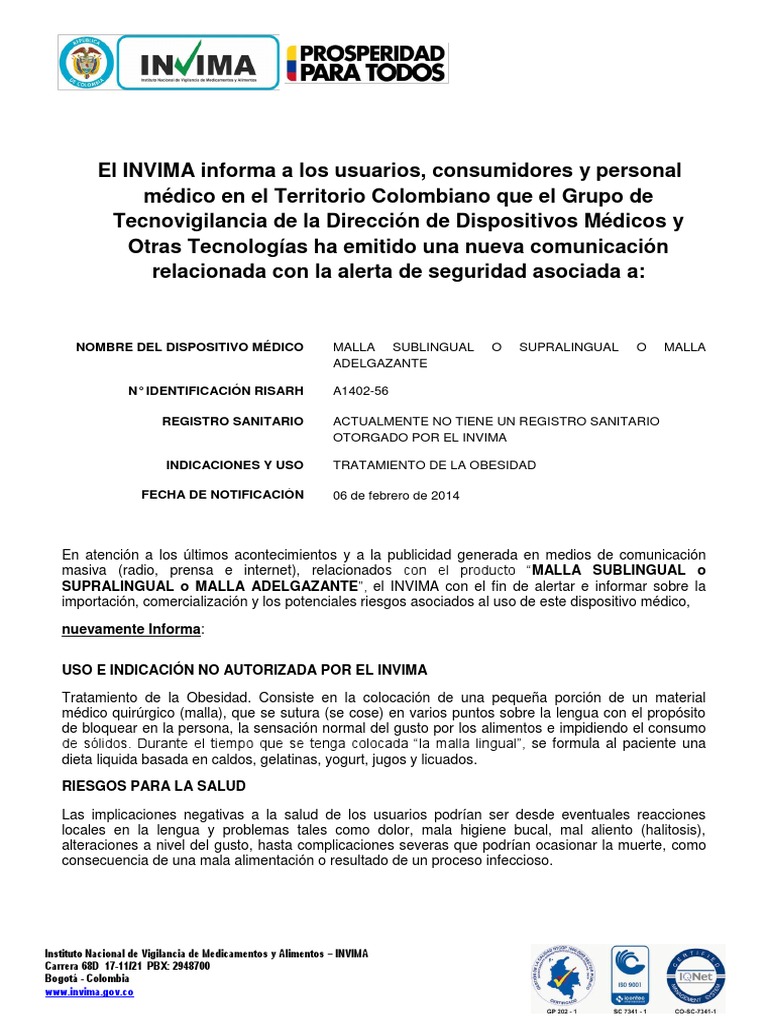 Alerta Sanitaria Malla Sublingual | PDF | Dispositivo médico ...