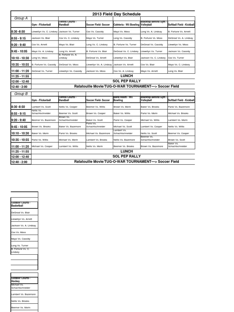 New 2013 Field Day Schedule | PDF | Games Of Physical Skill | Teams