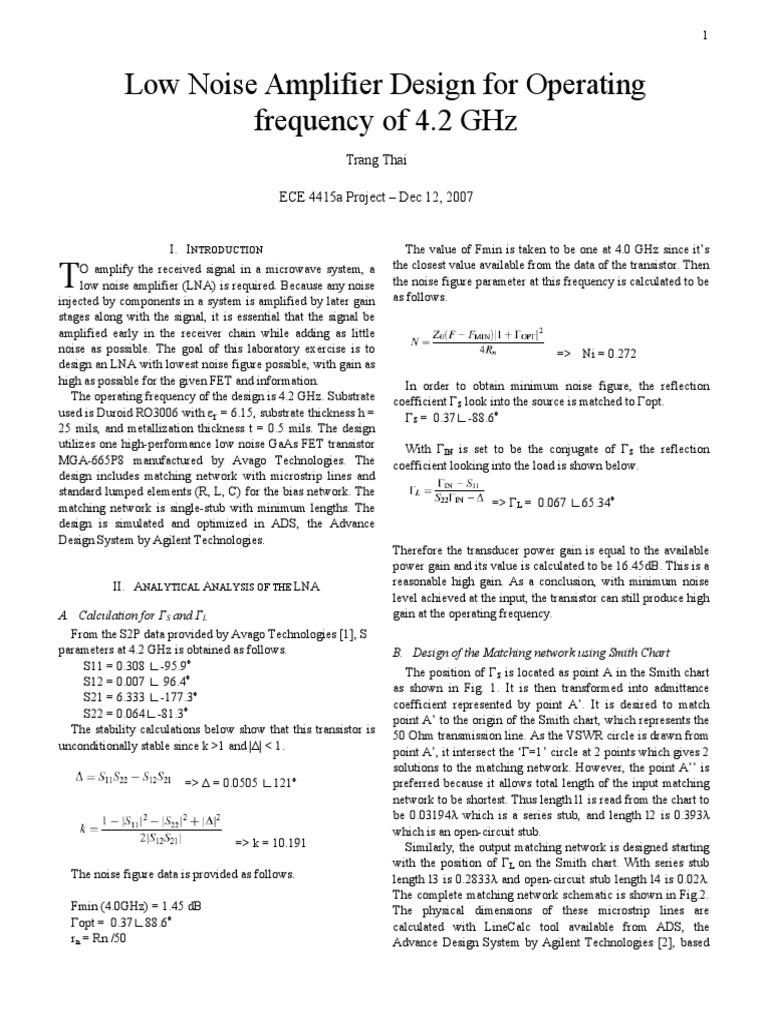 Low Noise Amplifier Design For Operating Frequency of 4.2 GHZ | PDF | Amplifier | Field Effect ...
