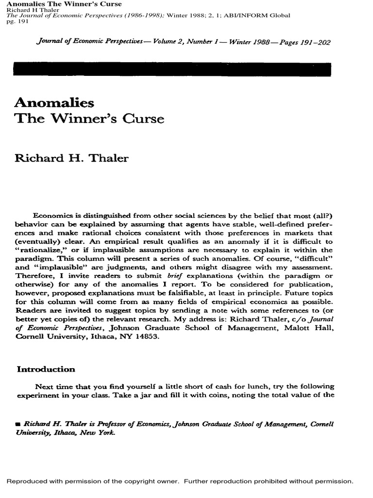 Anomalies The Winner's Curse Thaler | PDF