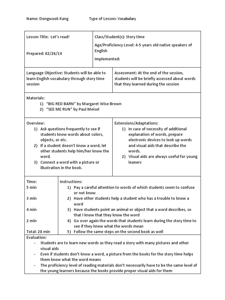 Lesson Plan Template Storytime Vocabulary Dongwook Kang 022614 | PDF ...