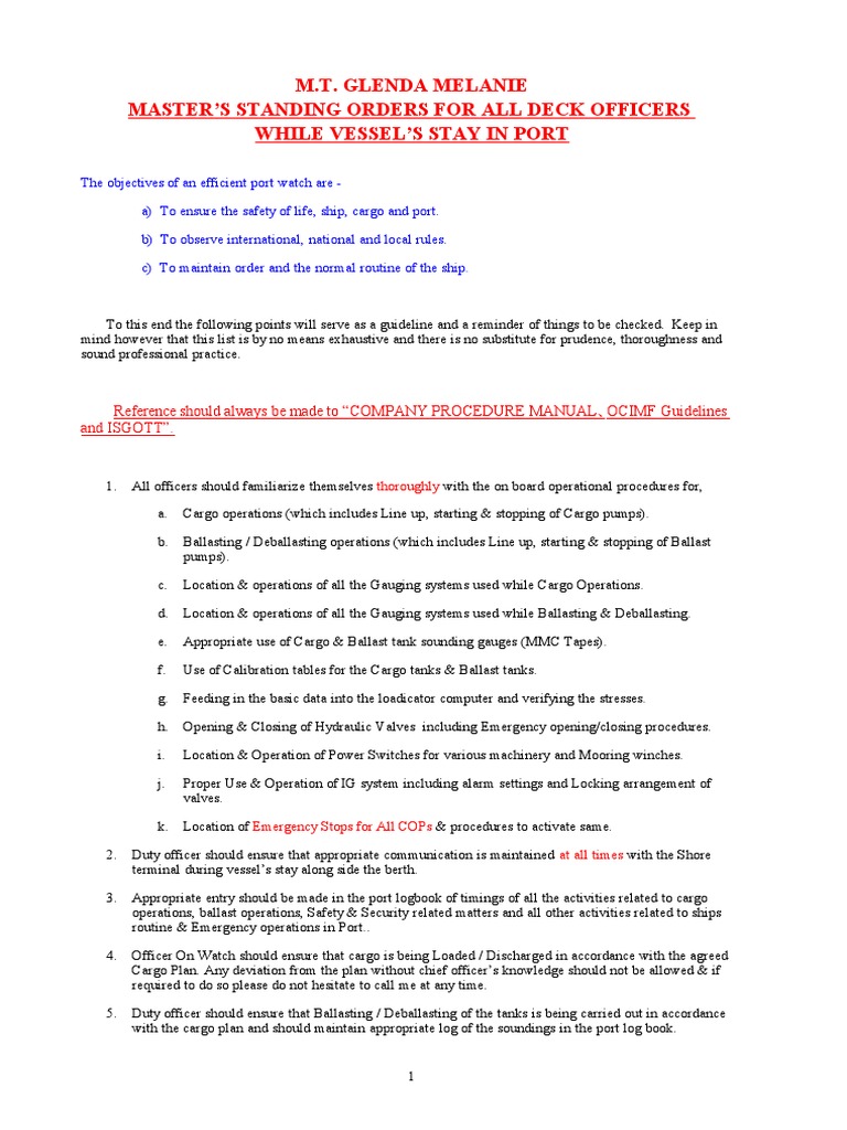 Standing Orders For OOW in Port | PDF