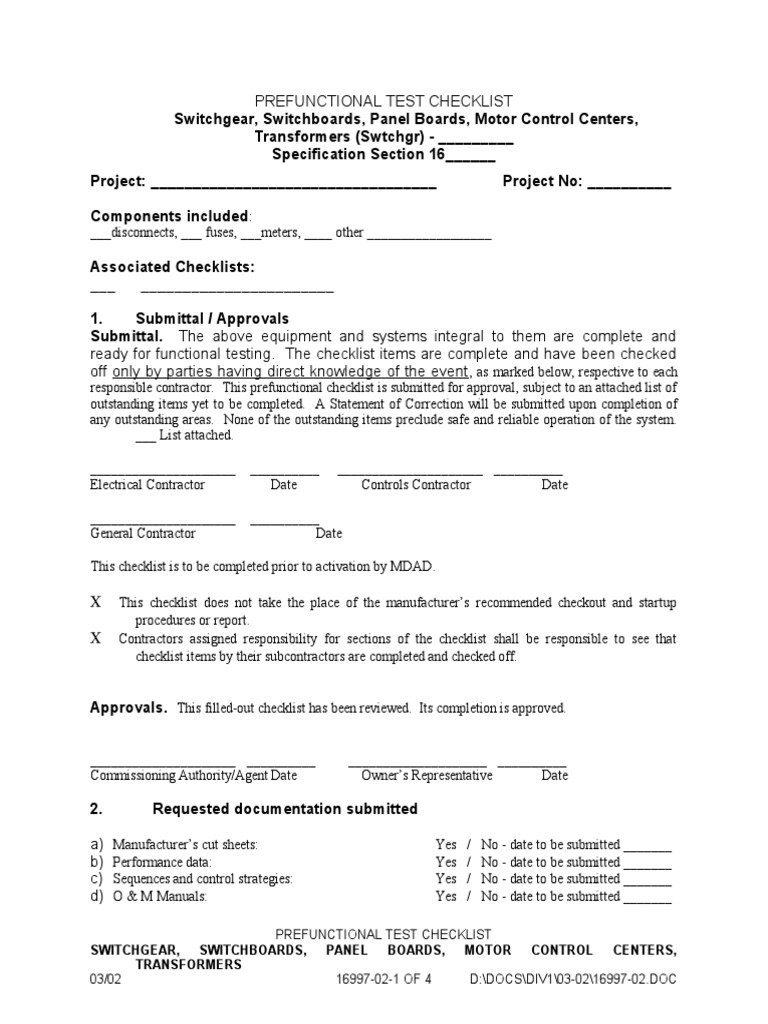 Prefunctional Test Checklist | PDF | Engineering | Electrical Equipment