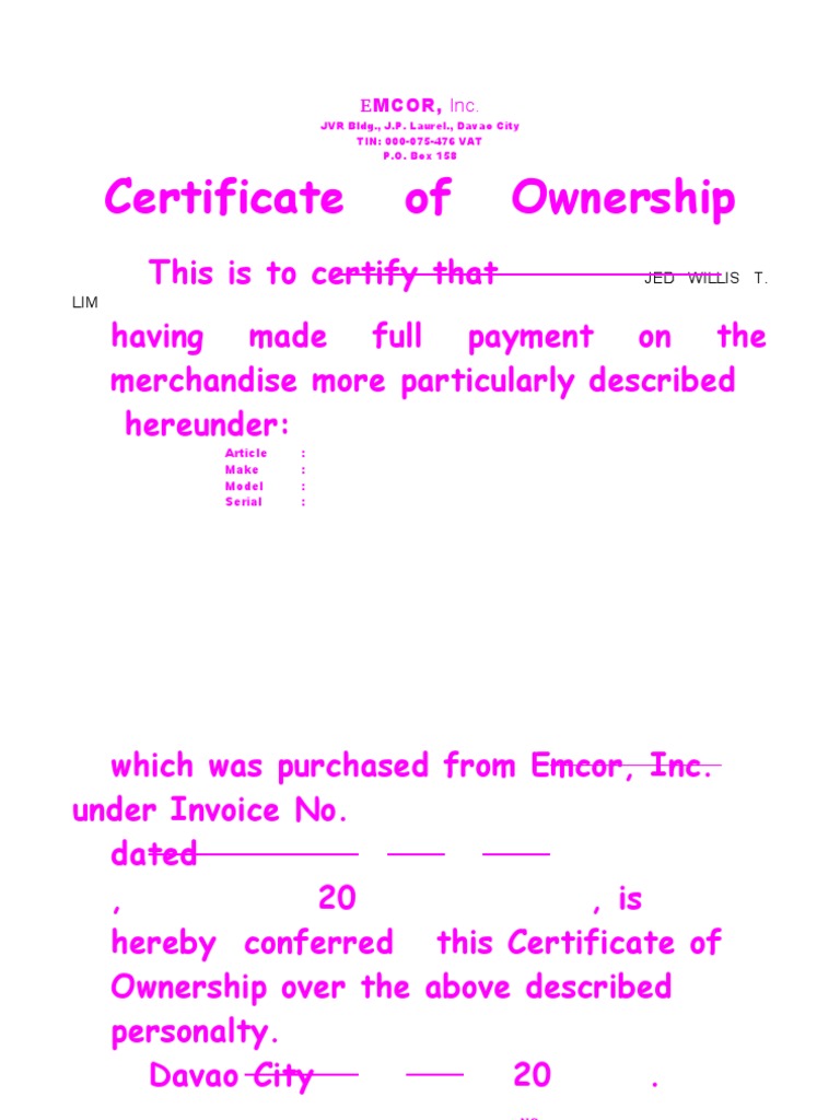 Certificate of Ownership | PDF | Law
