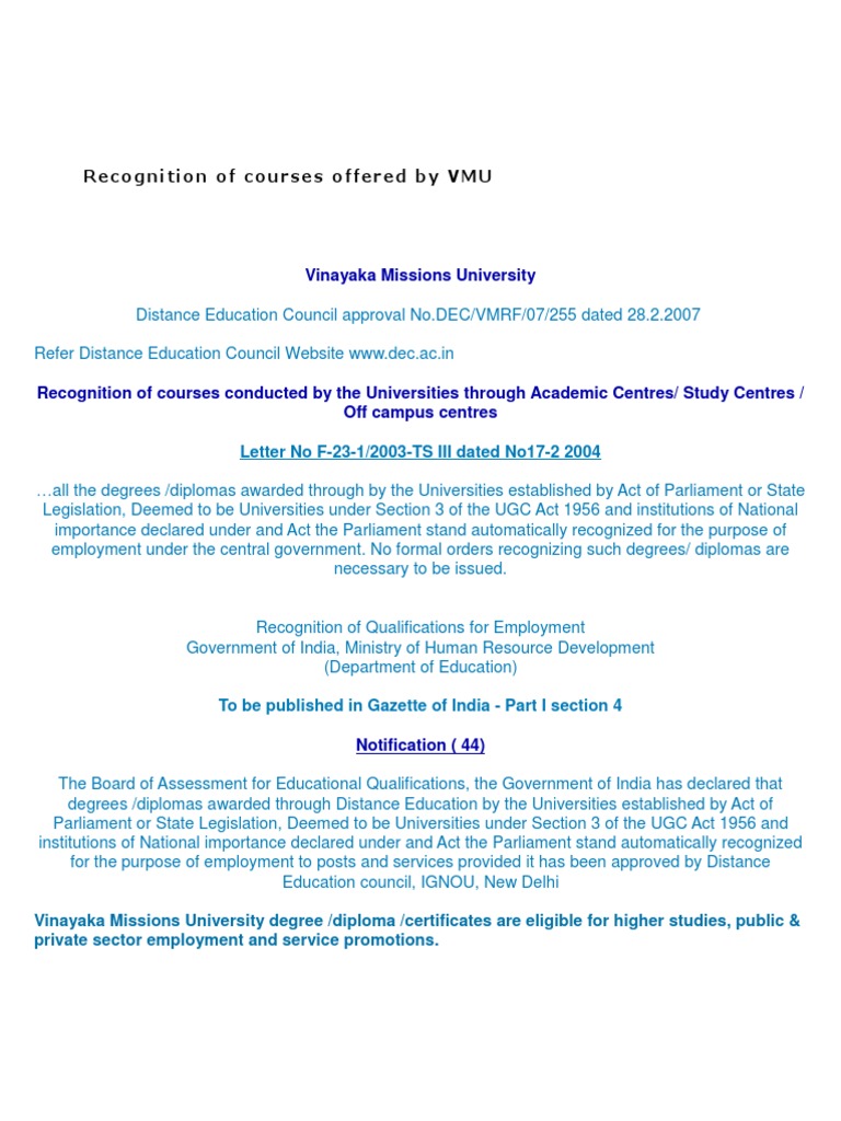 VMU Distance Education Recognition | PDF