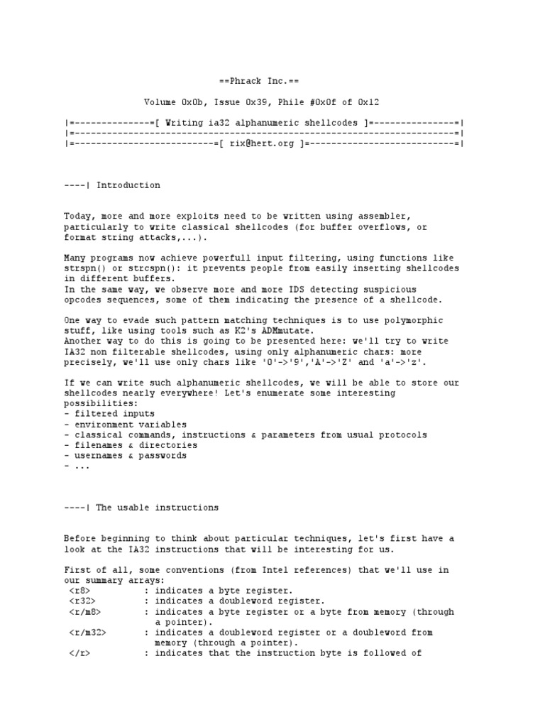 Writing Alphanumeric Shellcode | PDF | Instruction Set | Computer Engineering