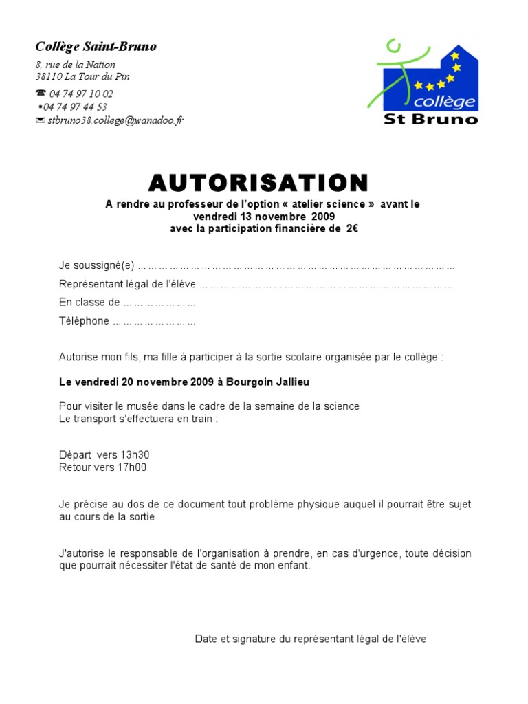 Lettre Type Pour Autorisation Parentale Modele De Cv Catalogue 2025