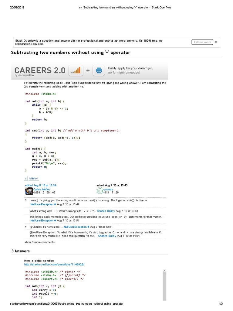 C - Subtracting Two Numbers Without Using '-' Operator - Stack Overflow ...
