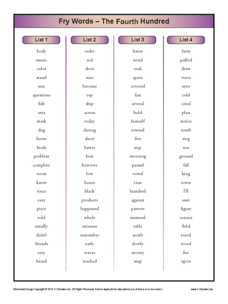 Fry Fourth 100 | PDF | Language Arts & Discipline | Art