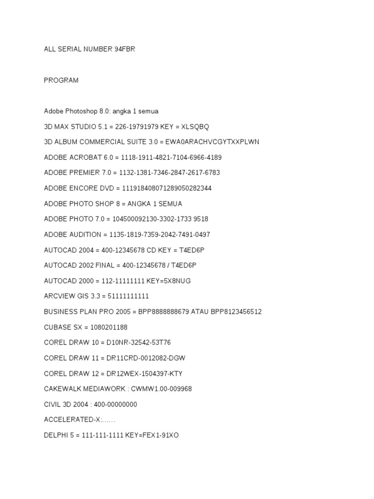 94FBR Software Serial Numbers List | PDF | Microsoft Windows | Windows Xp