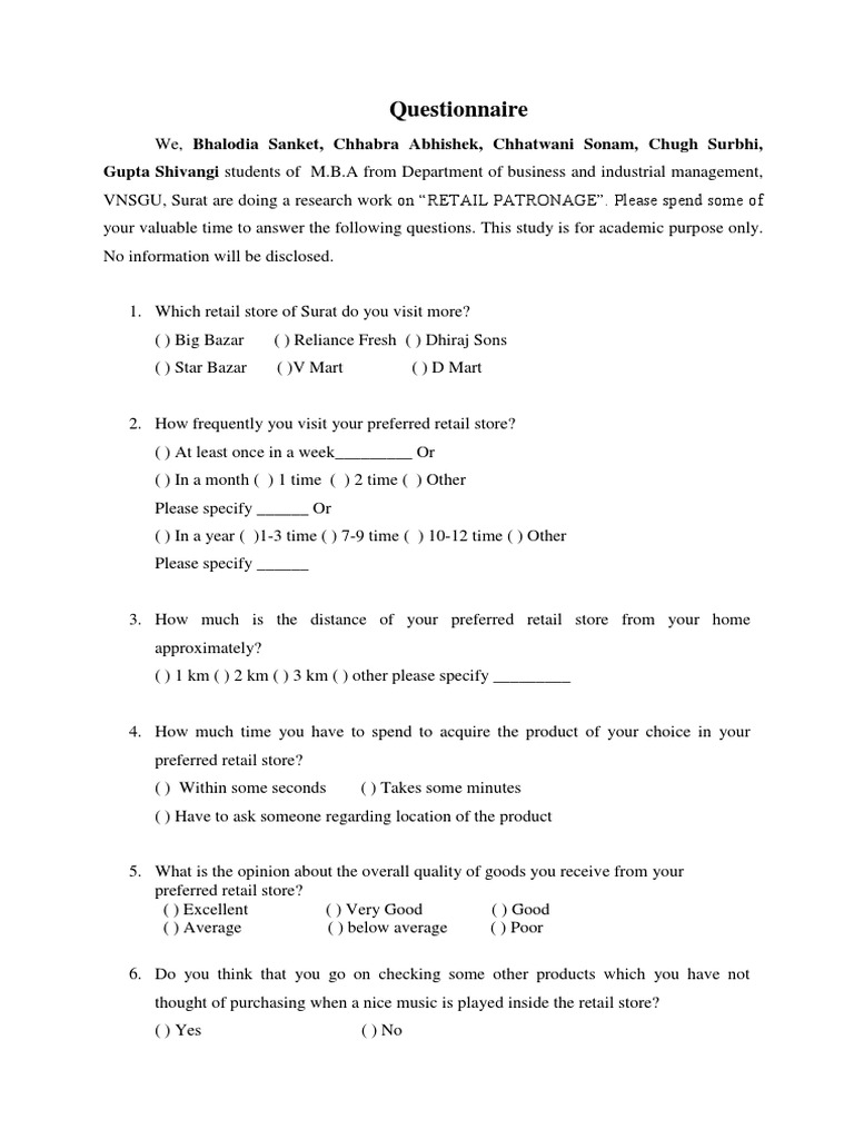 Retail Patronage Questionnaire | PDF | Discounts And Allowances | Retail