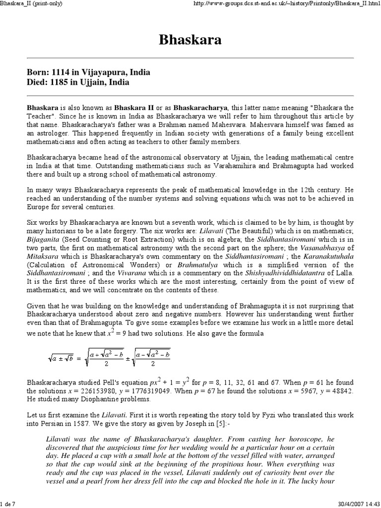 Bhaskara II | PDF | Mathematical Objects | Teaching Mathematics