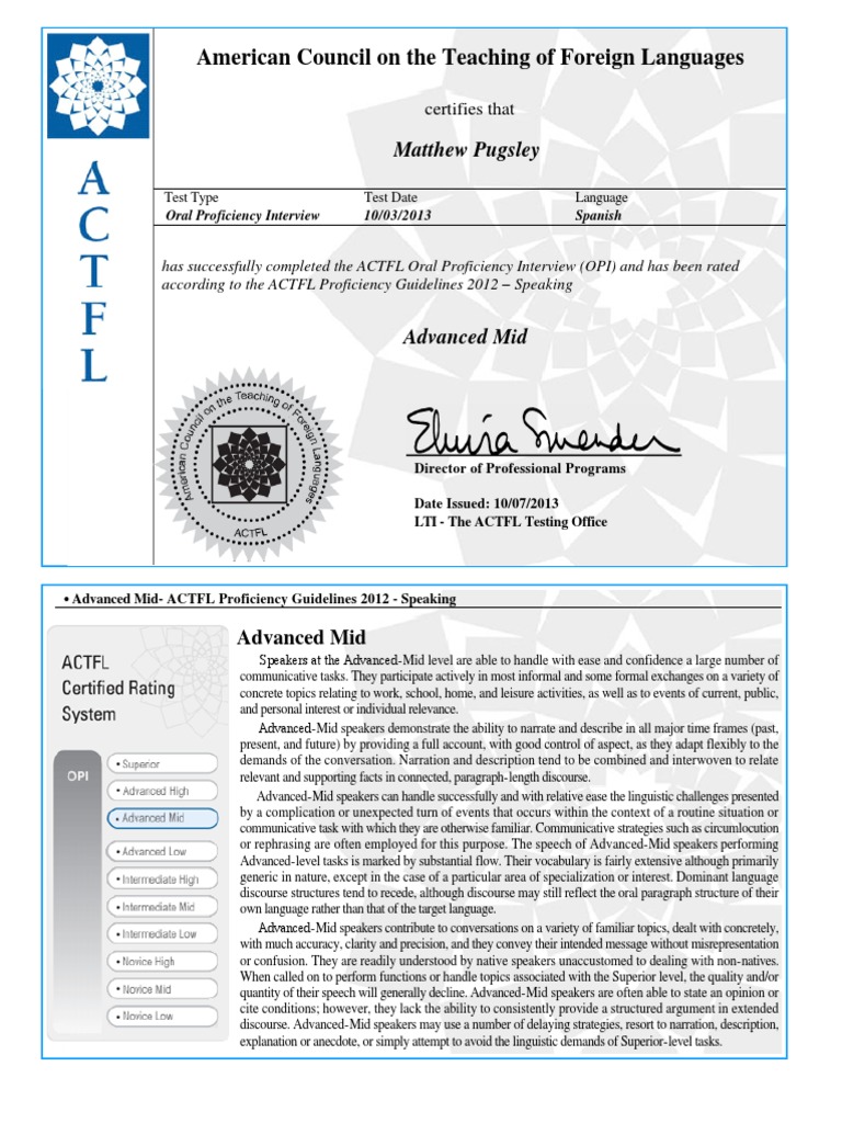 Actfl Opi Certificate | PDF | Conversation | Linguistics