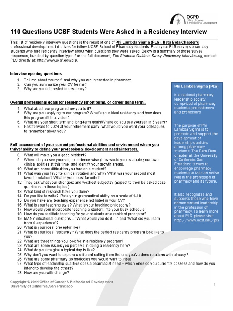 110 Questions UCSF Students Were Asked in A Residency Interview | PDF ...