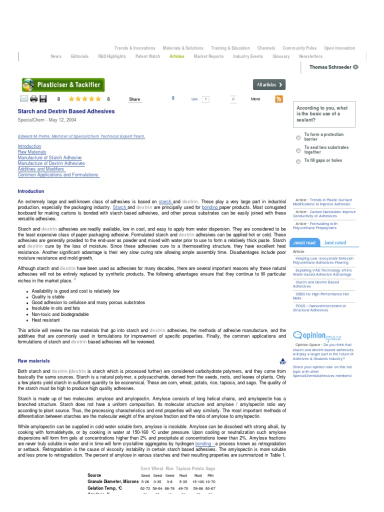 Starch and Dextrin Based Adhesives - Article | Download Free PDF ...